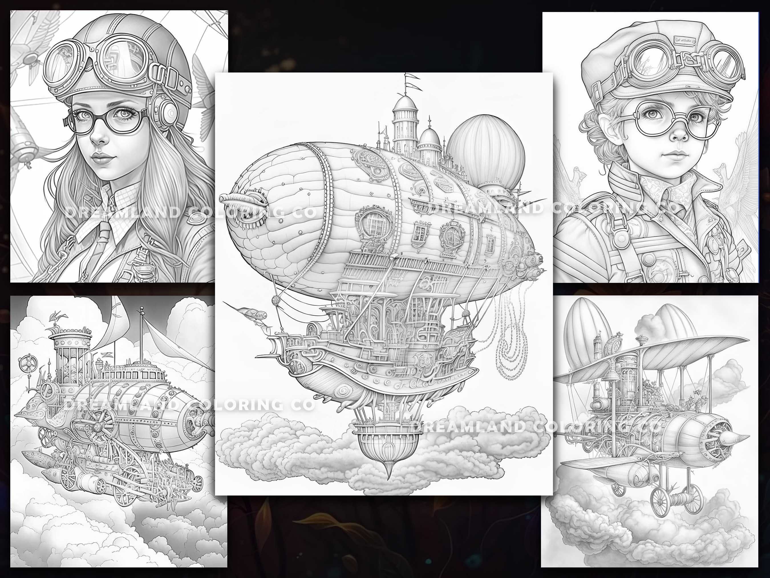 22 Steampunk Flying Air Ship Machine Crew Coloring Book Pages Kids and ...