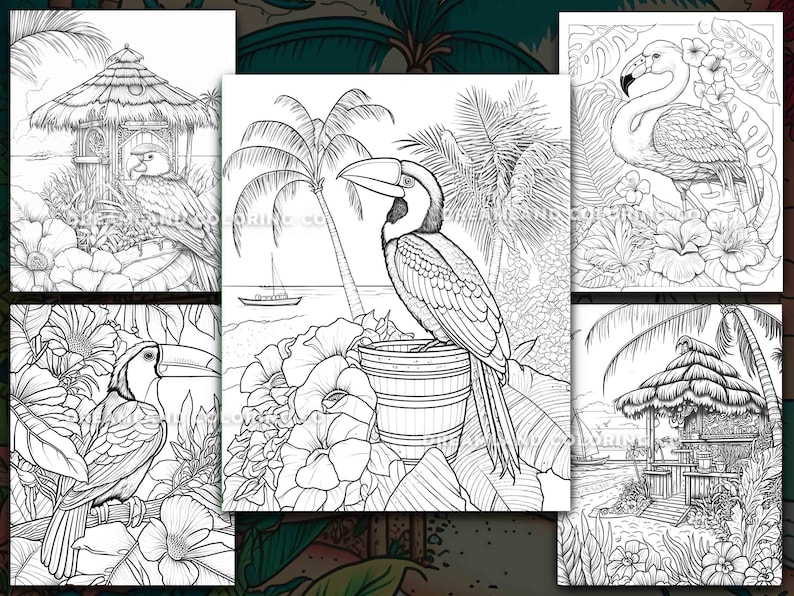 25 Tropical Vacation Trip Coloring Book Pages Adults Kids Traveling ...