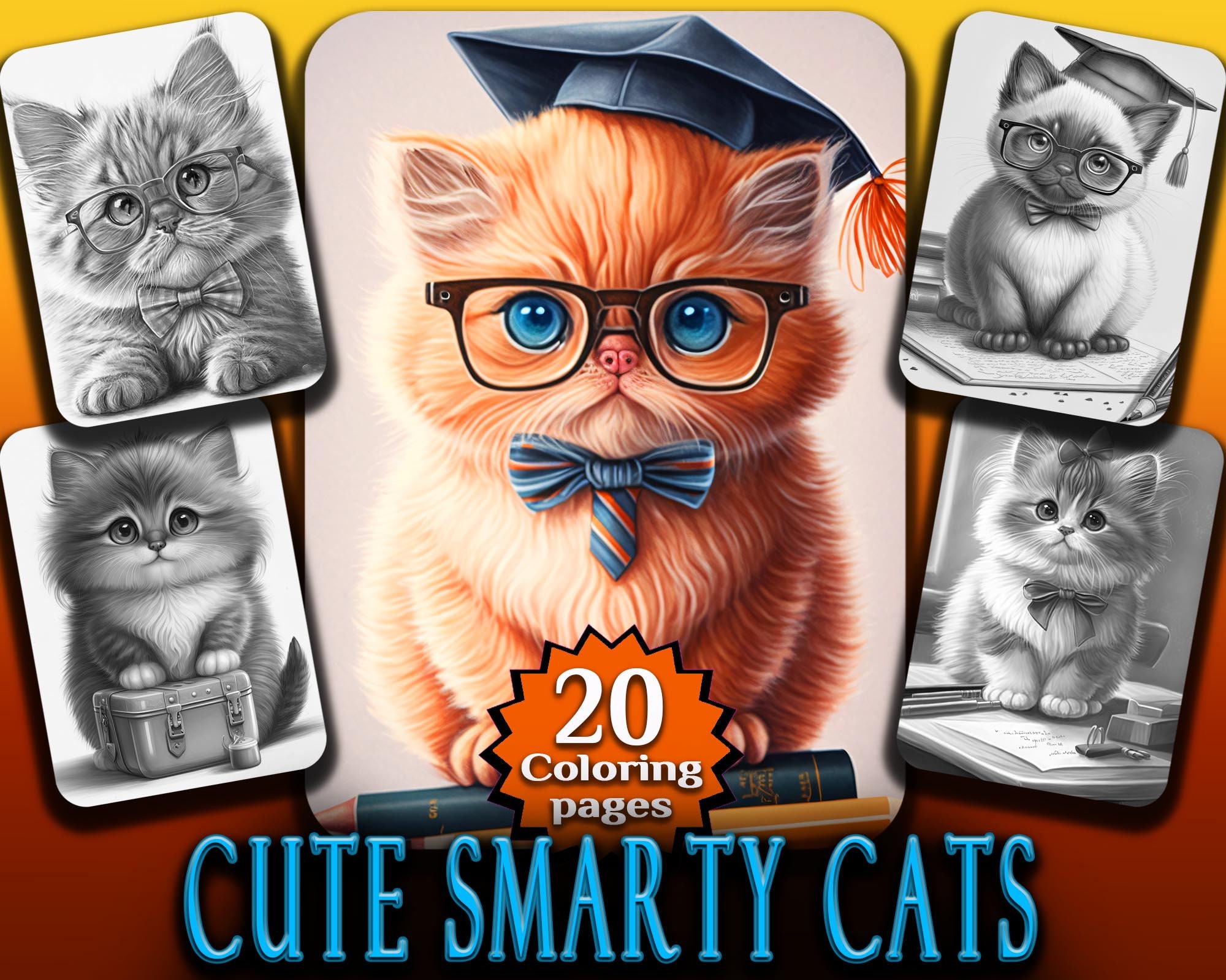 Cute Baby Smart Cats Coloring Page Adults Kids Digital Download ...