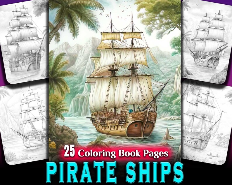 Tall Ships Coloring Book for Adult Kids Downloadable Grayscale Coloring ...