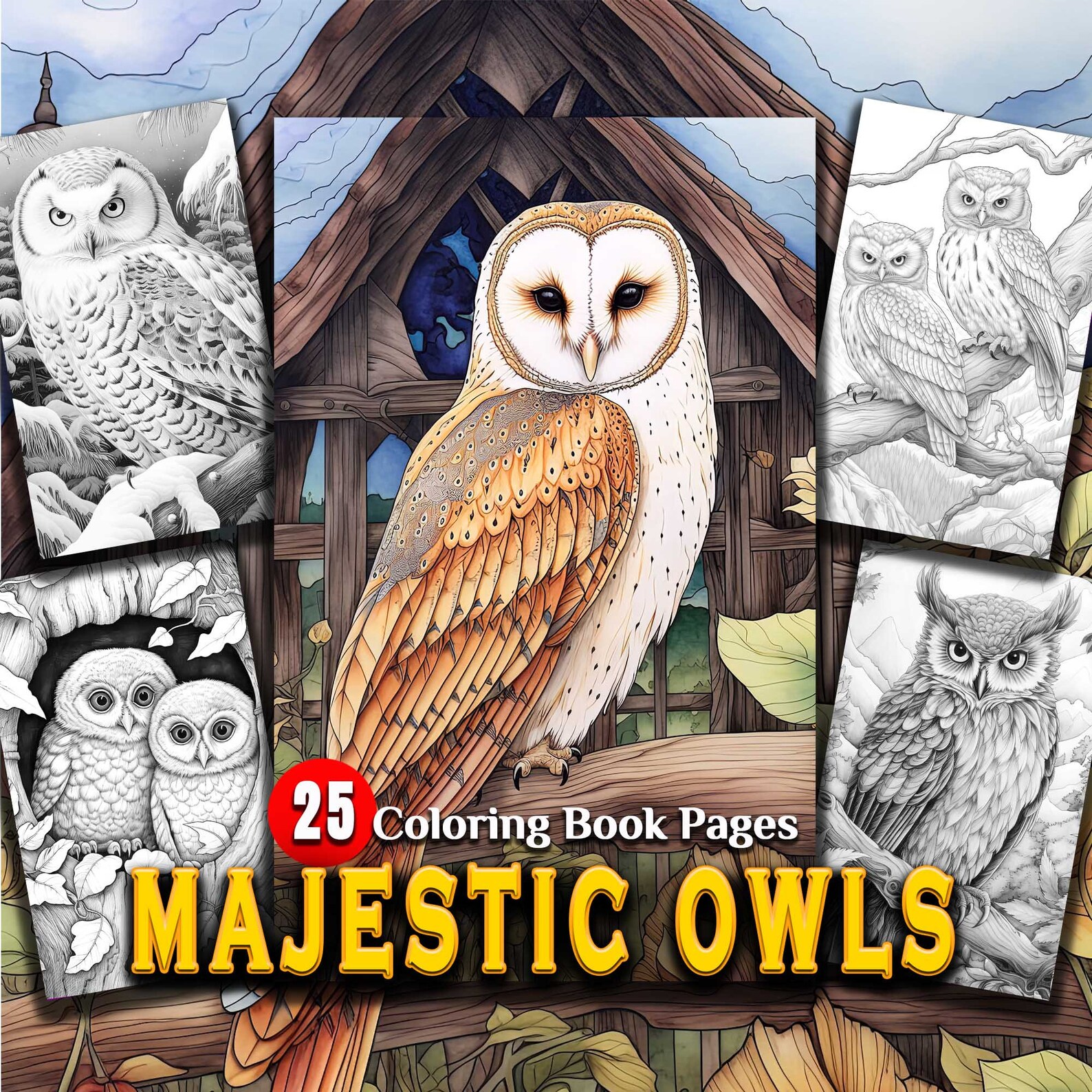 25 Majestic Owls Coloring Book Pages Adult Kids Downloadable Grayscale ...
