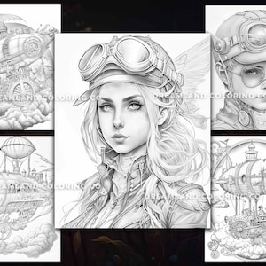 22 Steampunk Flying Air Ship Machine Crew Coloring Book Pages Kids and ...
