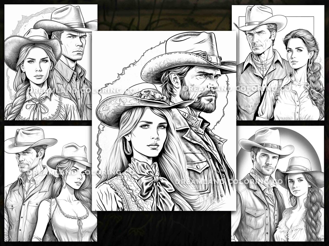 Western Couples Cowboy & Cowgirl Grayscale Coloring Pages - Etsy