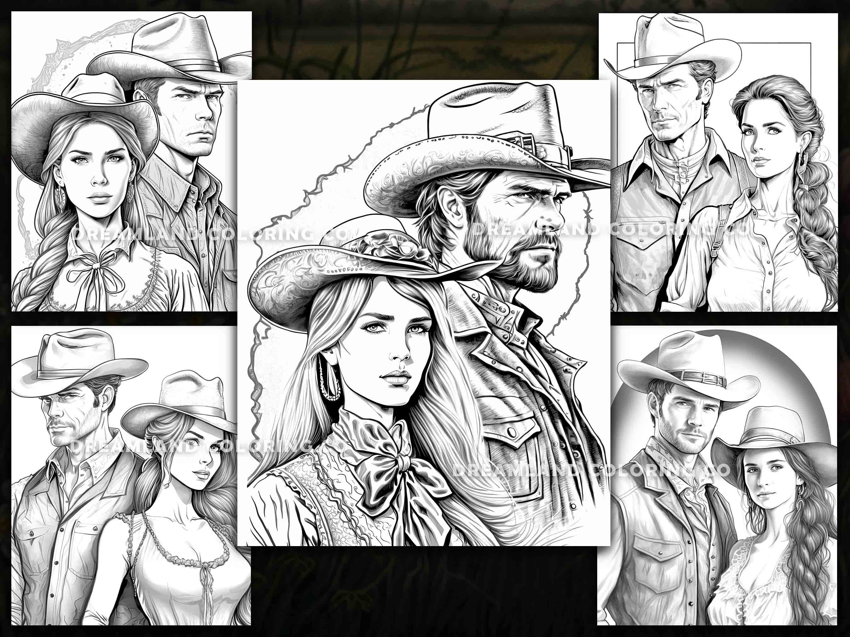 Western Couples Cowboy & Cowgirl Grayscale Coloring Pages Relaxation ...