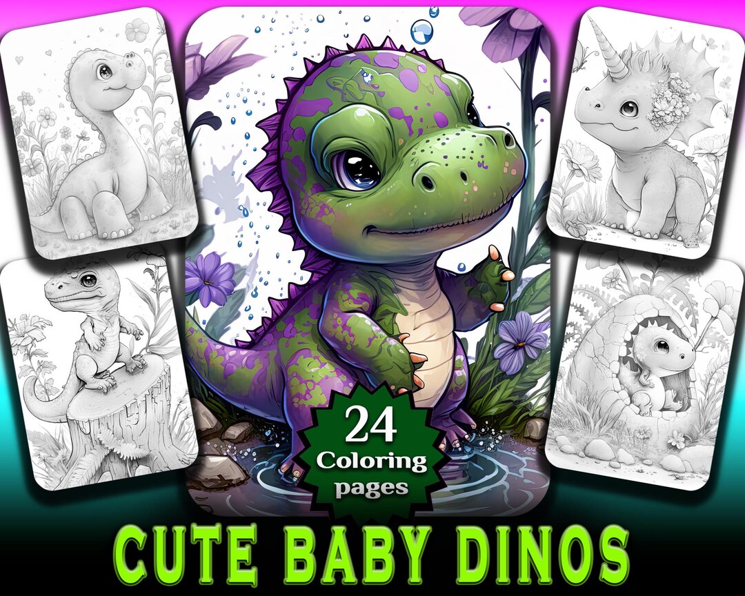 Cute Baby Dinosaur Coloring Book Pages for Kids & Adults Grayscale ...