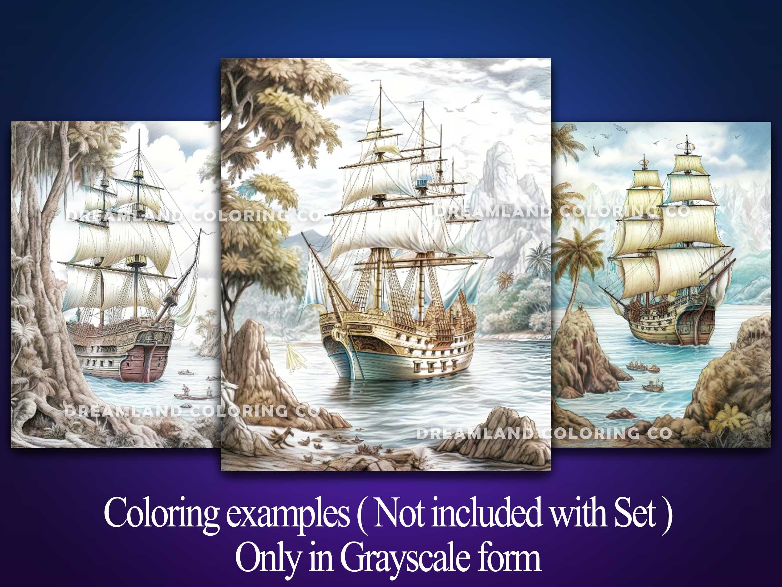 Tall Ships Coloring Book for Adult Kids Downloadable Grayscale Coloring ...