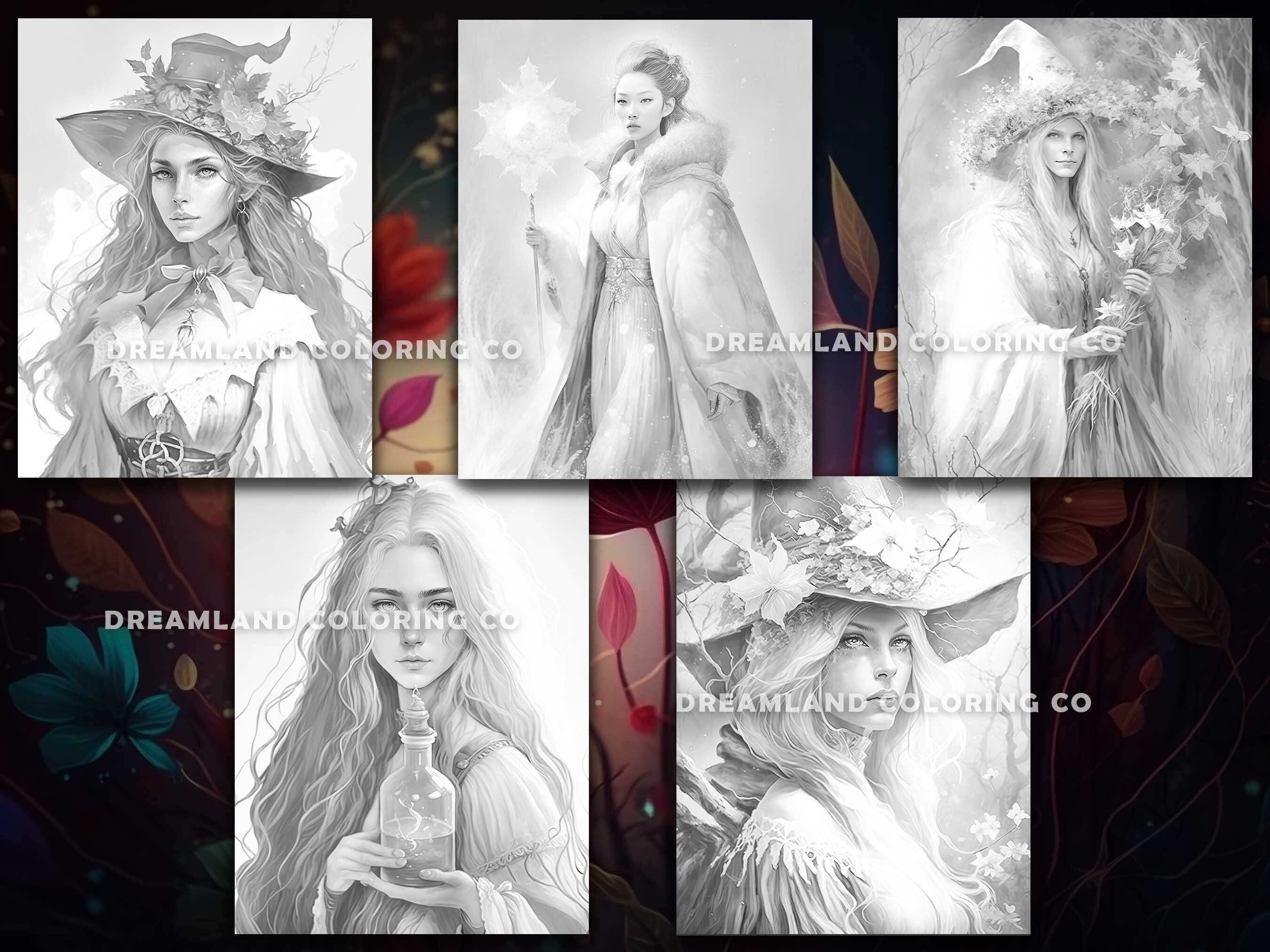 Spell Witch Fantasy Women Coloring Book, Adult Kids Downloadable ...