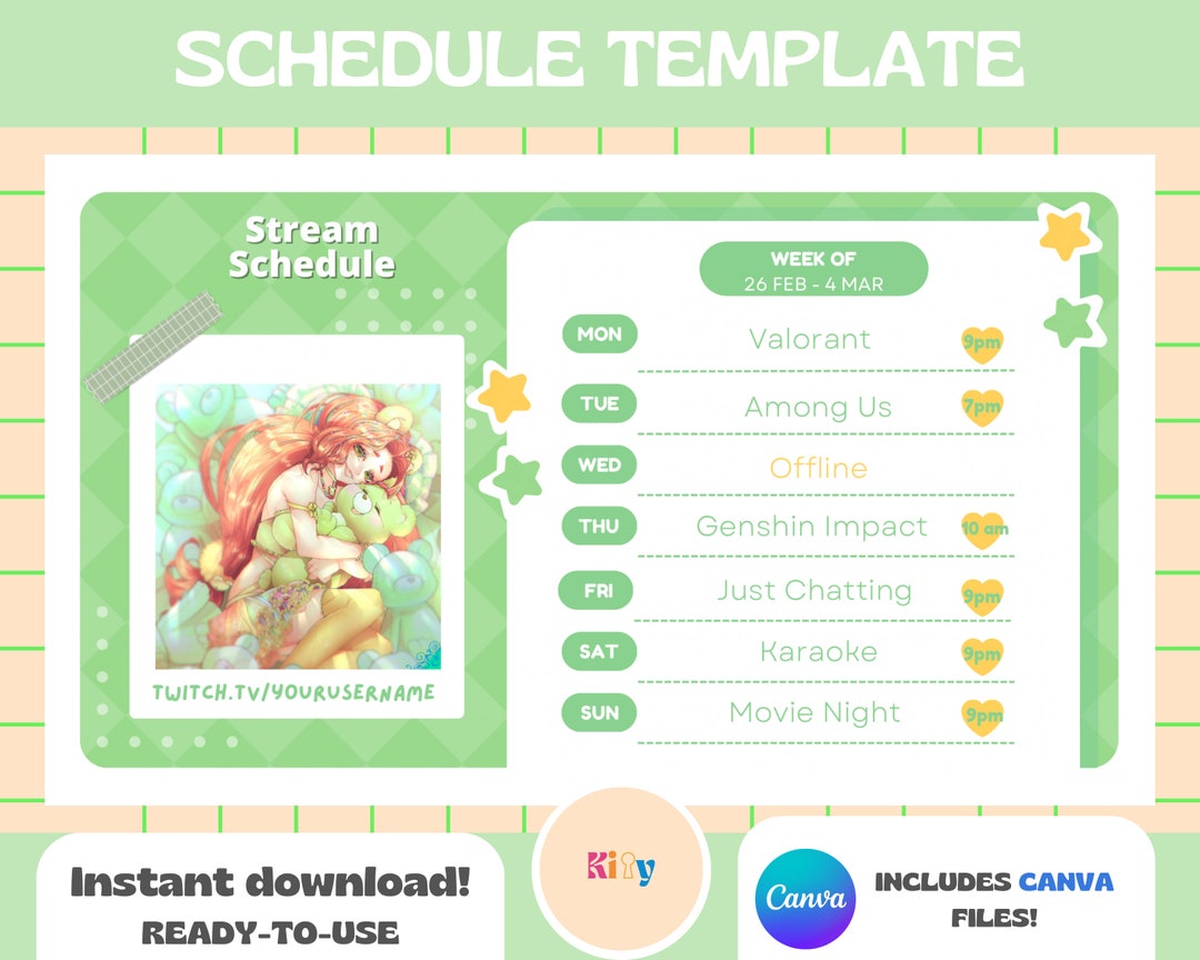 Green Cute Aesthetic Stream Schedule Weekly Template | Includes CANVA ...
