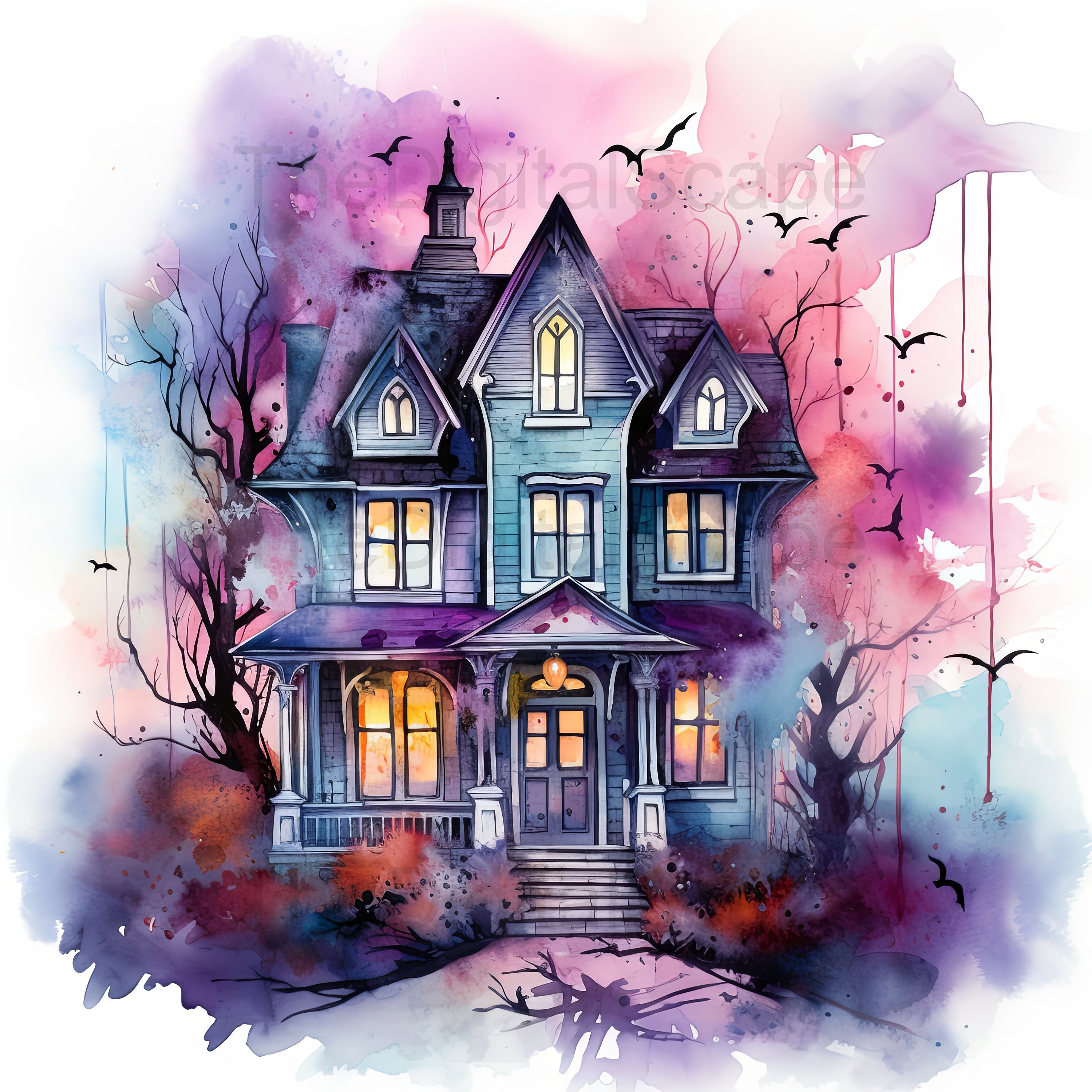 Haunted House Clipart: Watercolor Halloween Jpgs (digital Download) - Etsy