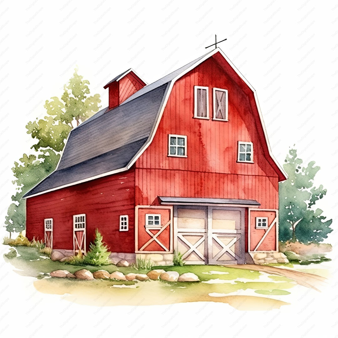 Red Barn Watercolor Clipart: Farmhouse Illustration (commercial Use ...