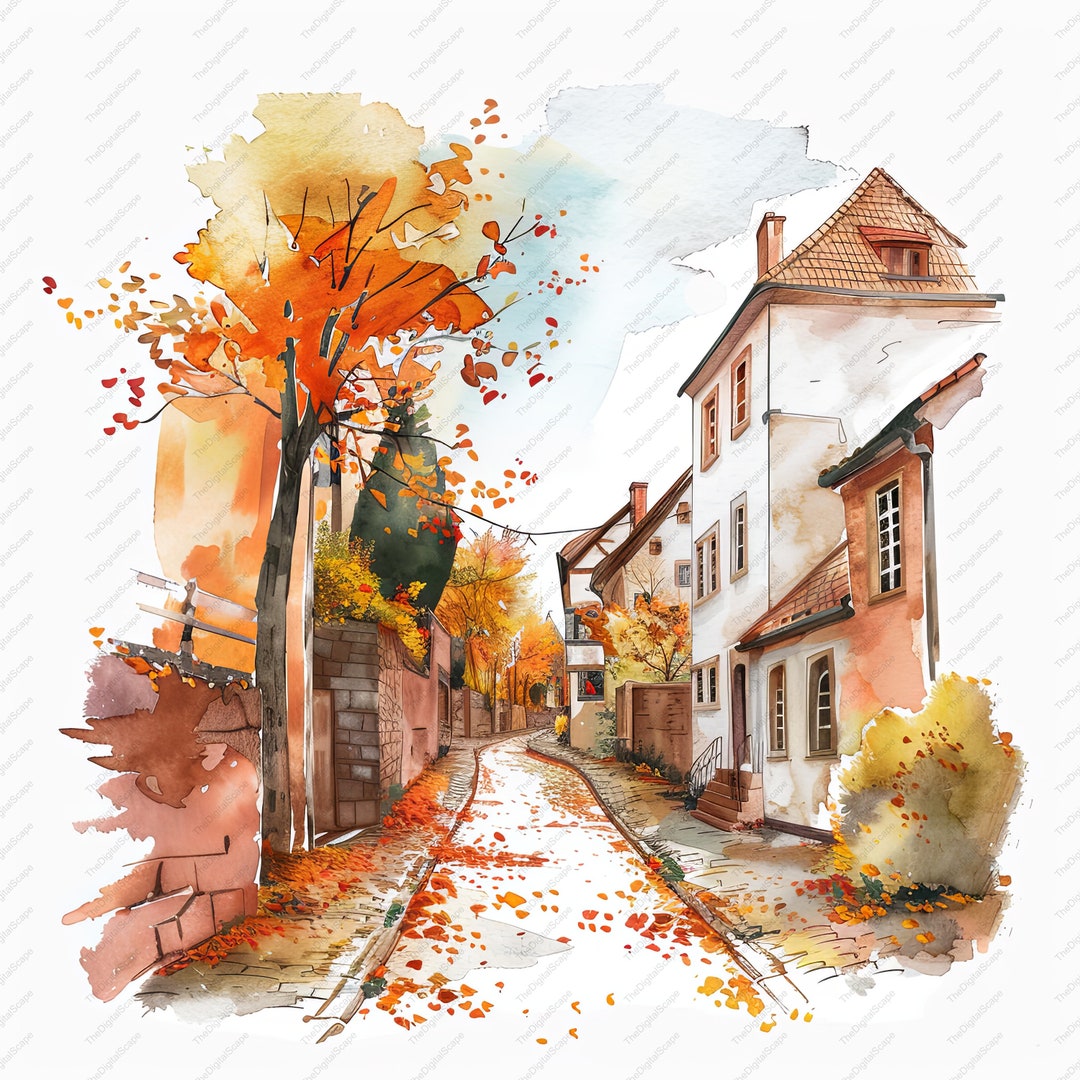 10 Autumn Street Clipart, Autumn Clipart, Printable Watercolour Clipart ...