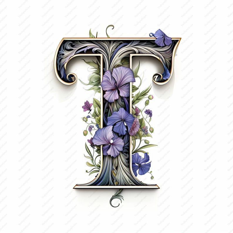 Floral Letter T Clipart, 10 High Quality Jpgs, Nursery Art, Instant ...