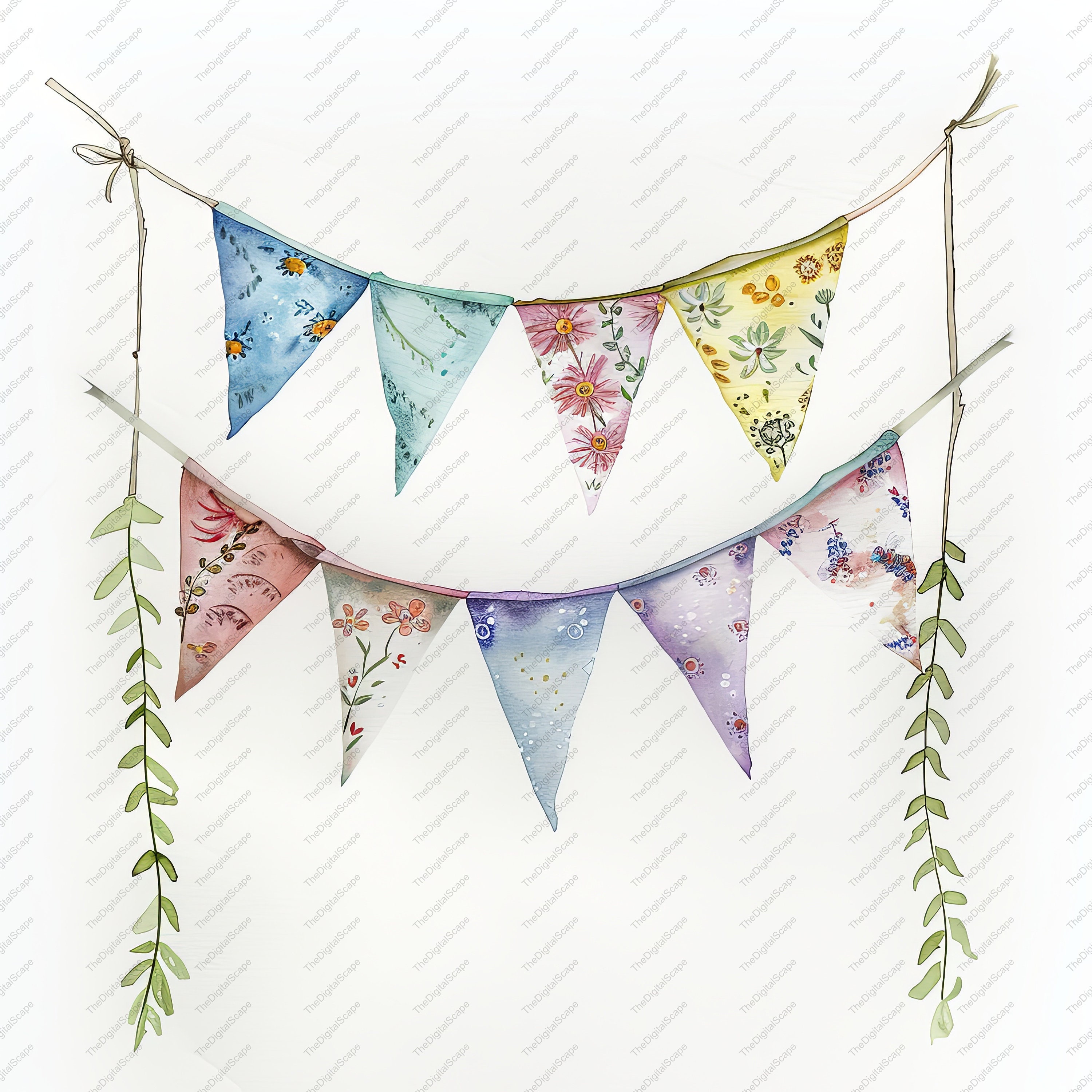 Floral Bunting Watercolor Clipart – High-quality Jpgs (instant Download ...