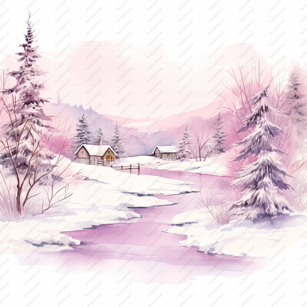 Pink Winter Landscape Clipart - 10 High Quality Jpgs, Scrapbooks ...