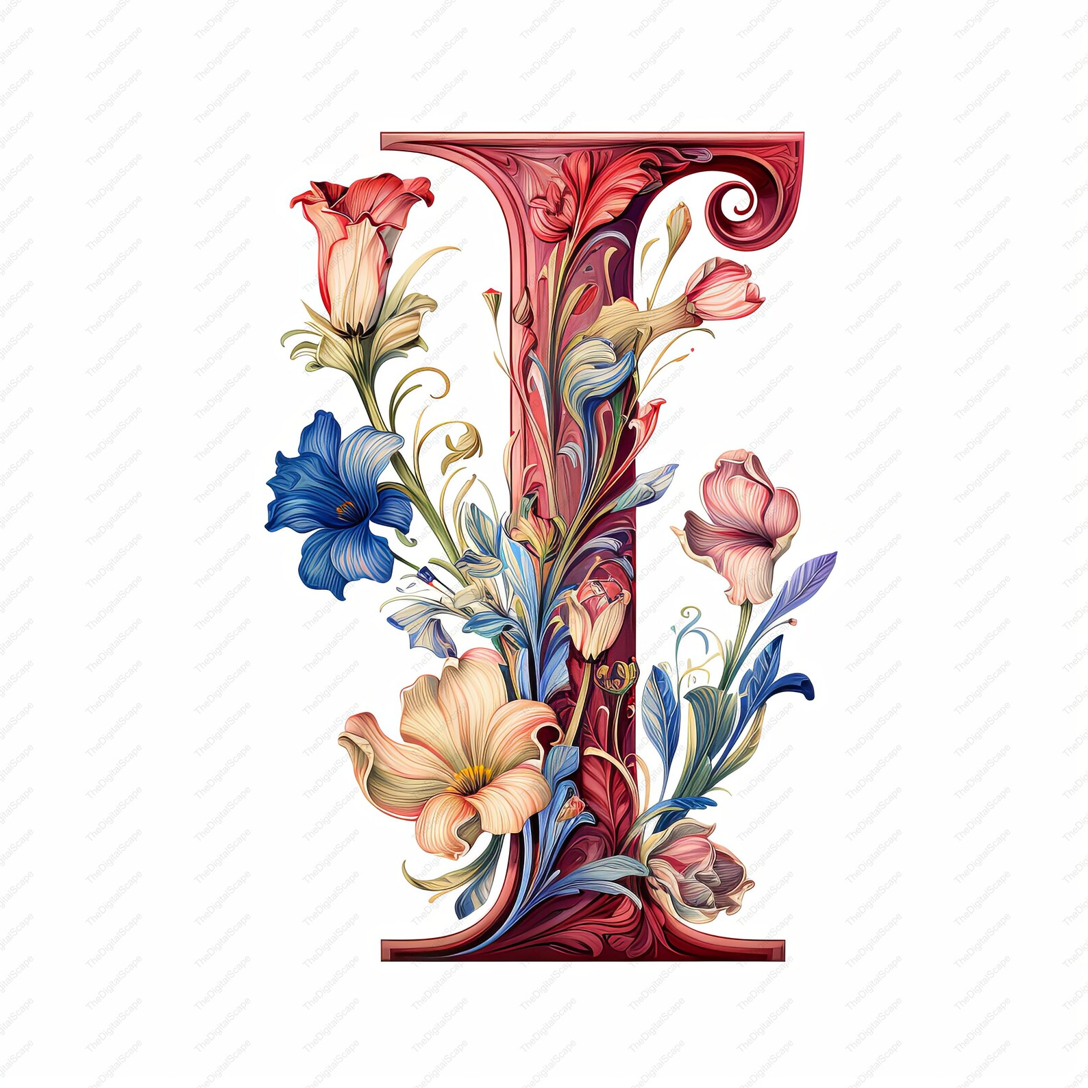 Floral Letter I Clipart - Alphabet Print (digital Download) - Etsy