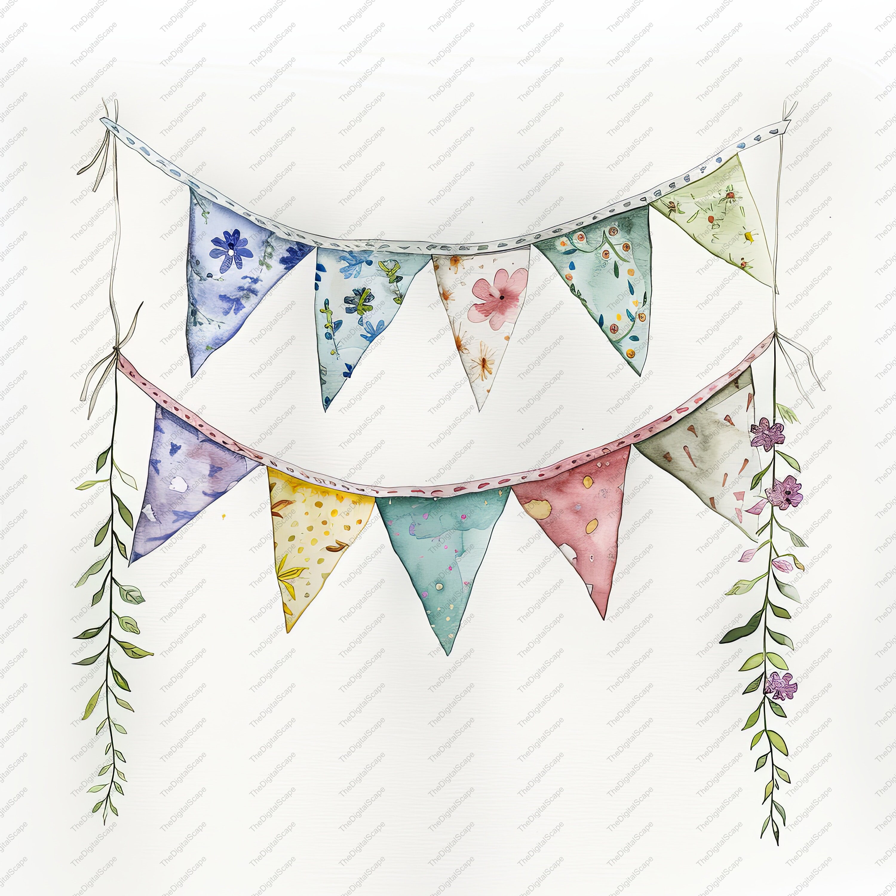 Floral Bunting Watercolor Clipart – High-quality Jpgs (instant Download ...