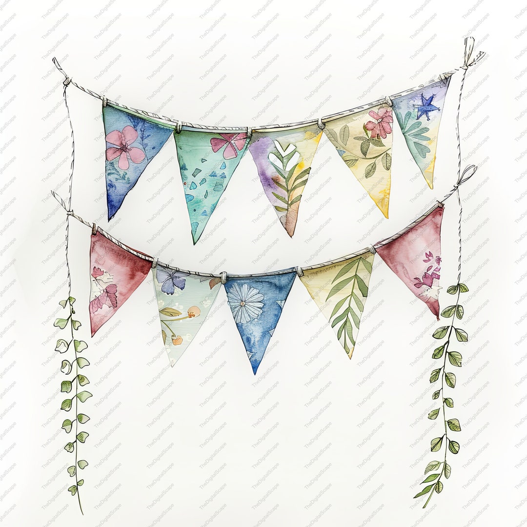 10 Floral Bunting Watercolour Clipart - High Quality Jpgs, Scrapbooks ...