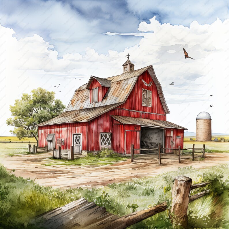 Red Barn Watercolor Clipart: Farmhouse Illustration (commercial Use ...