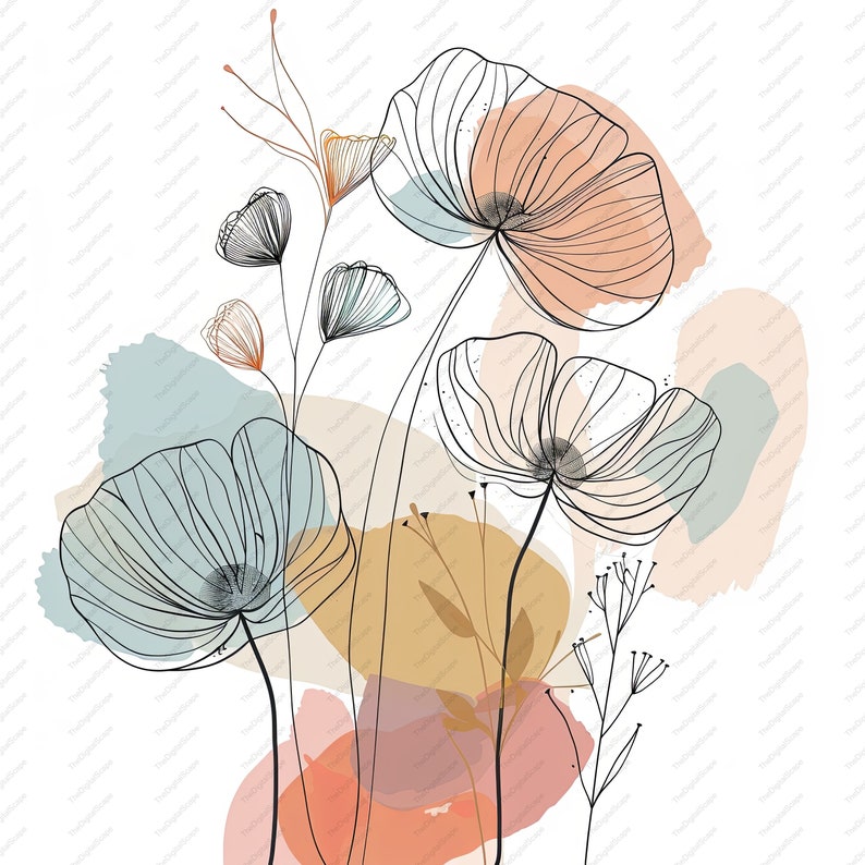 Boho Pastel Flowers Line Art Clipart: Scrapbook Planner Graphics (jpgs ...