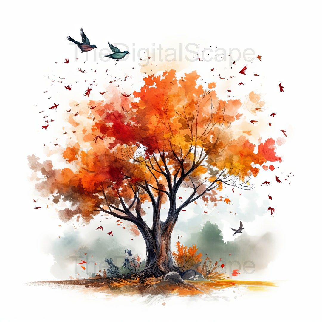 Autumn Tree Watercolor Clipart: Fall Scrapbook Graphics (commercial Use ...