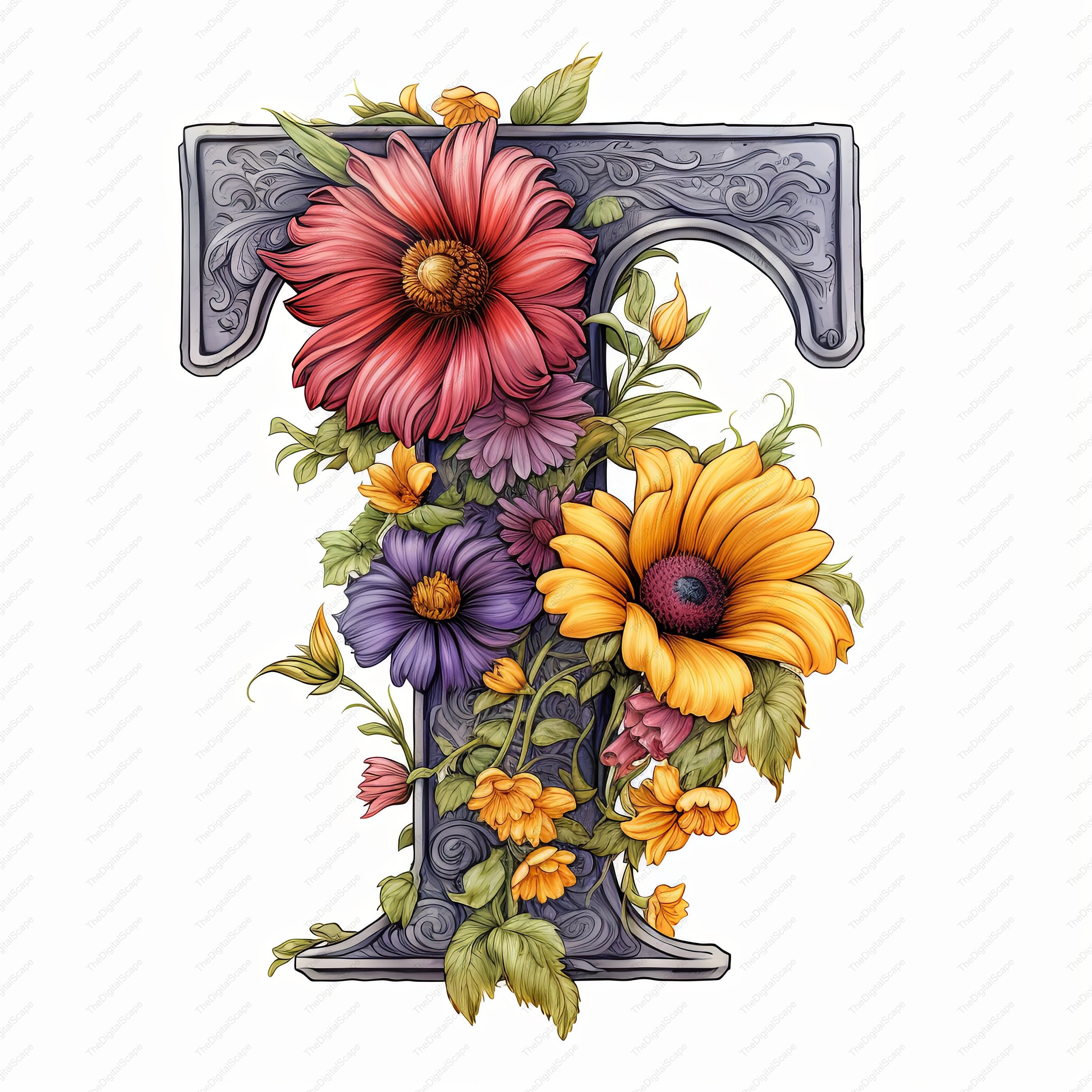 Floral Letter T Clipart, 10 High Quality Jpgs, Nursery Art, Instant ...