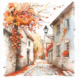 10 Autumn Street Clipart, Autumn Clipart, Printable Watercolour Clipart ...