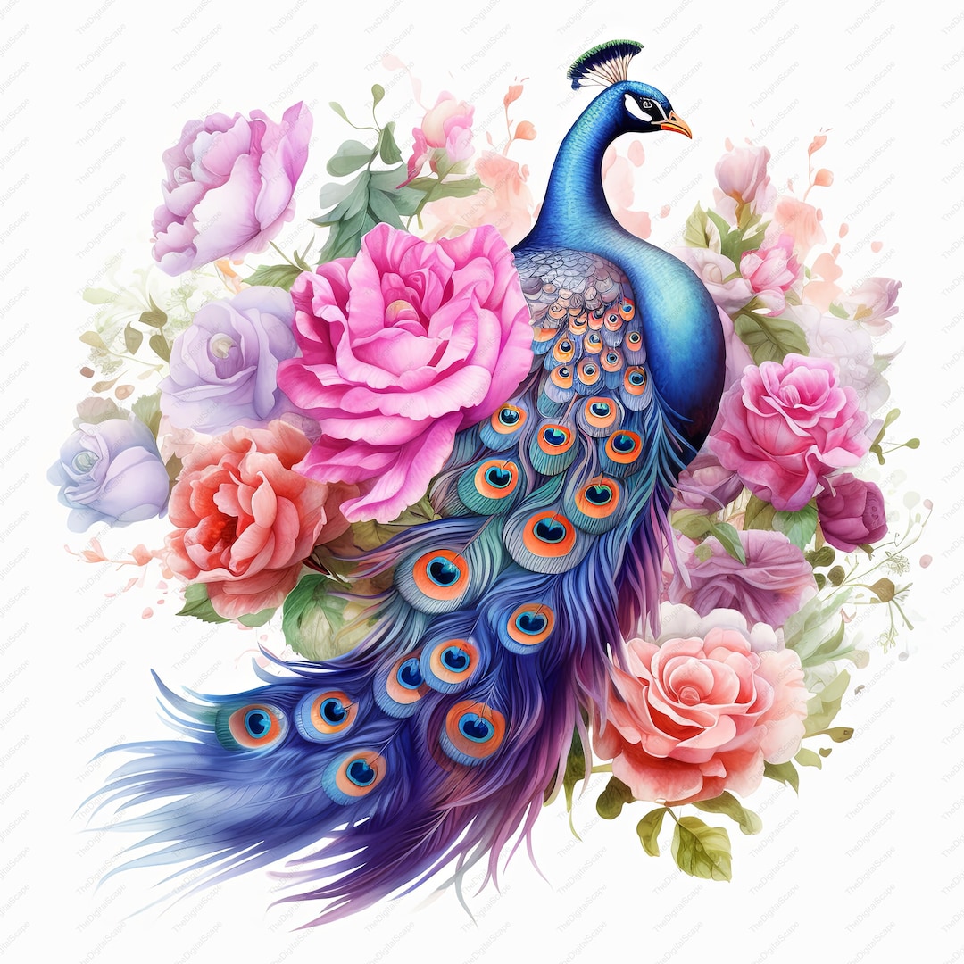 Floral Peacock Clipart Set – High-quality Jpgs, Commercial Use (instant ...