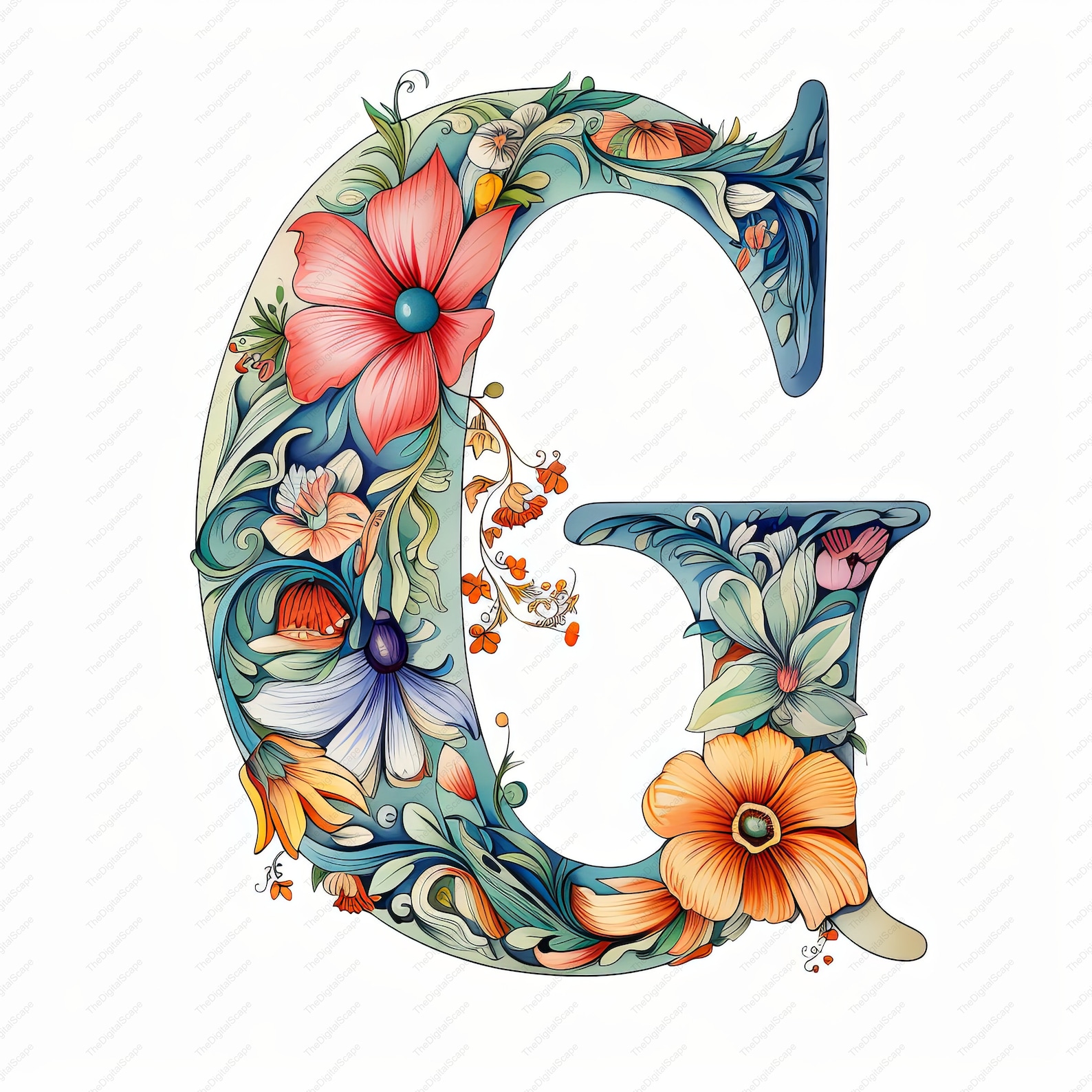 Floral Letter G Clipart, 10 High Quality Jpgs, Nursery Art, Instant ...