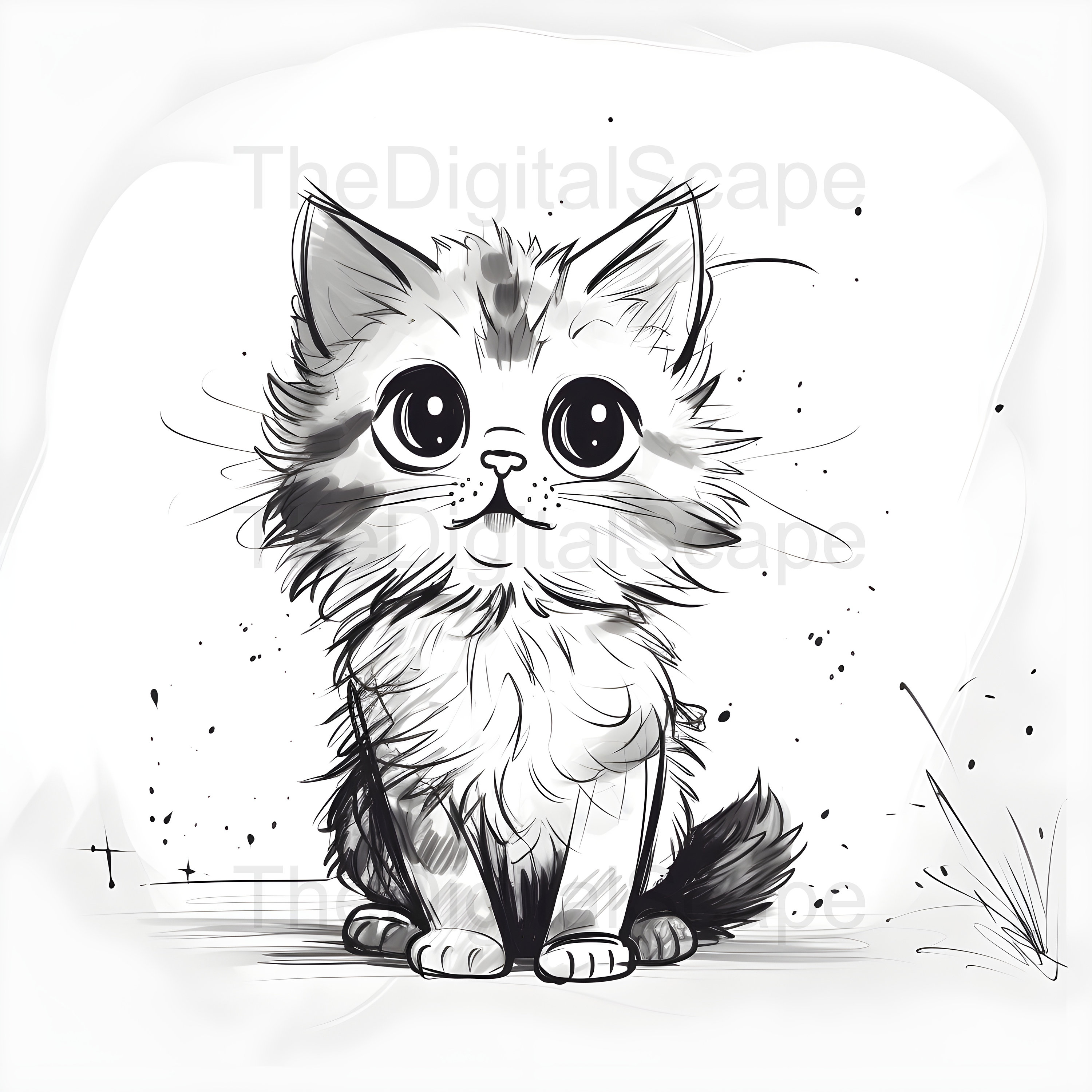 Pencil Sketch Kitten Clipart - 10 High Quality Jpgs, Scrapbooks, Digital Craft, Digital Planners ...