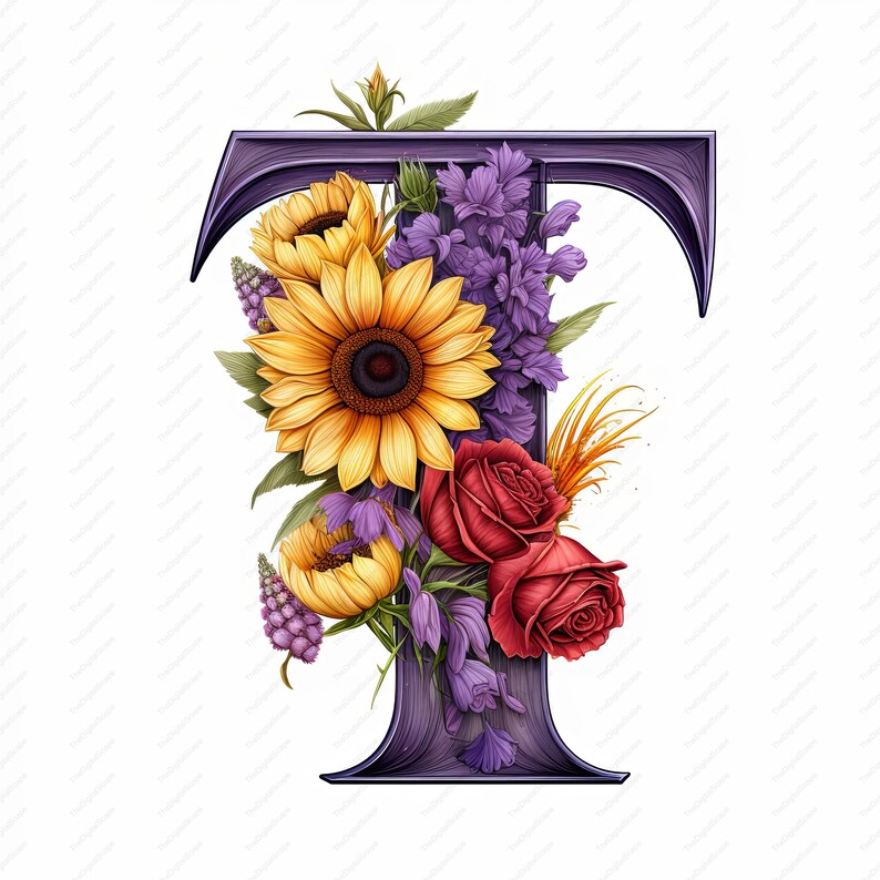 Floral Letter T Clipart, 10 High Quality Jpgs, Nursery Art, Instant ...