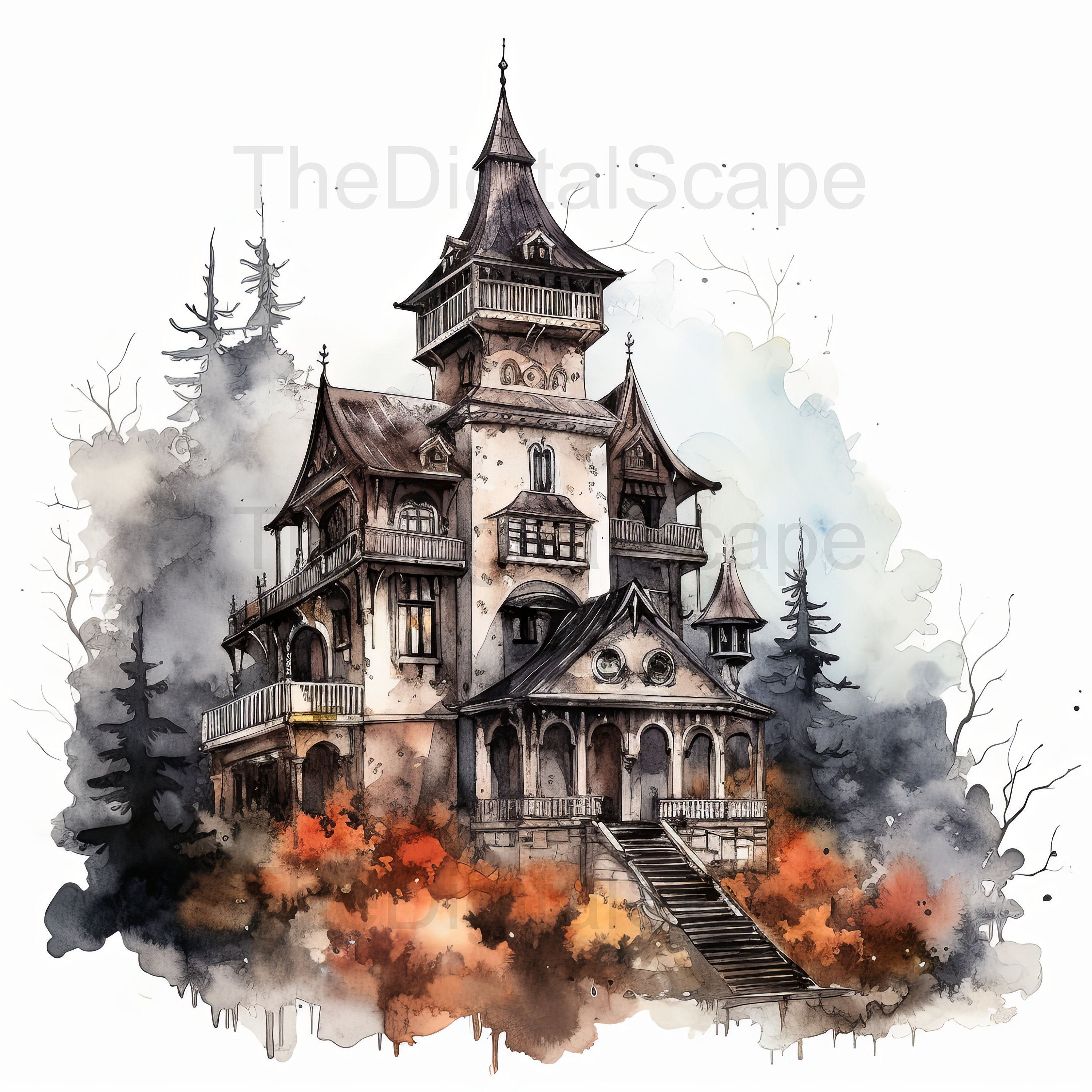 Haunted House Clipart: Watercolor Halloween Jpgs (digital Download) - Etsy