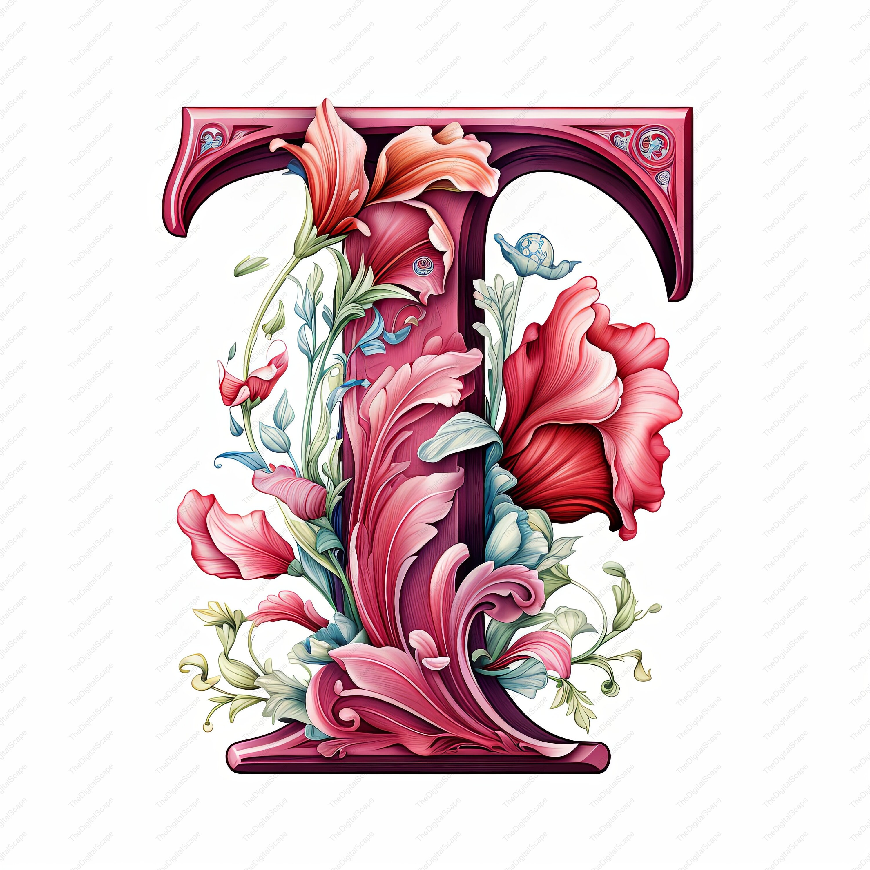 Floral Letter T Clipart, 10 High Quality Jpgs, Nursery Art, Instant ...