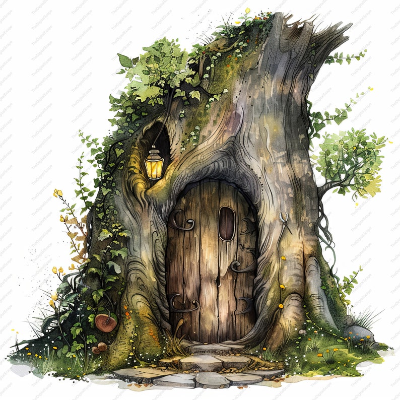 Tree Trunk Fairy Door Clipart: Whimsical Scrapbook Art (instant ...