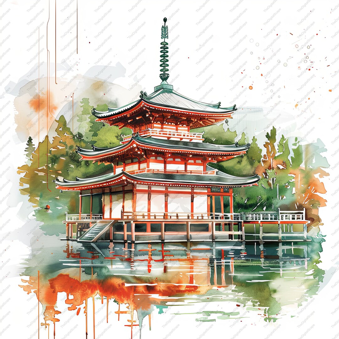 Japanese Lakeside Temple Clipart – Watercolor Pagoda Art (instant ...