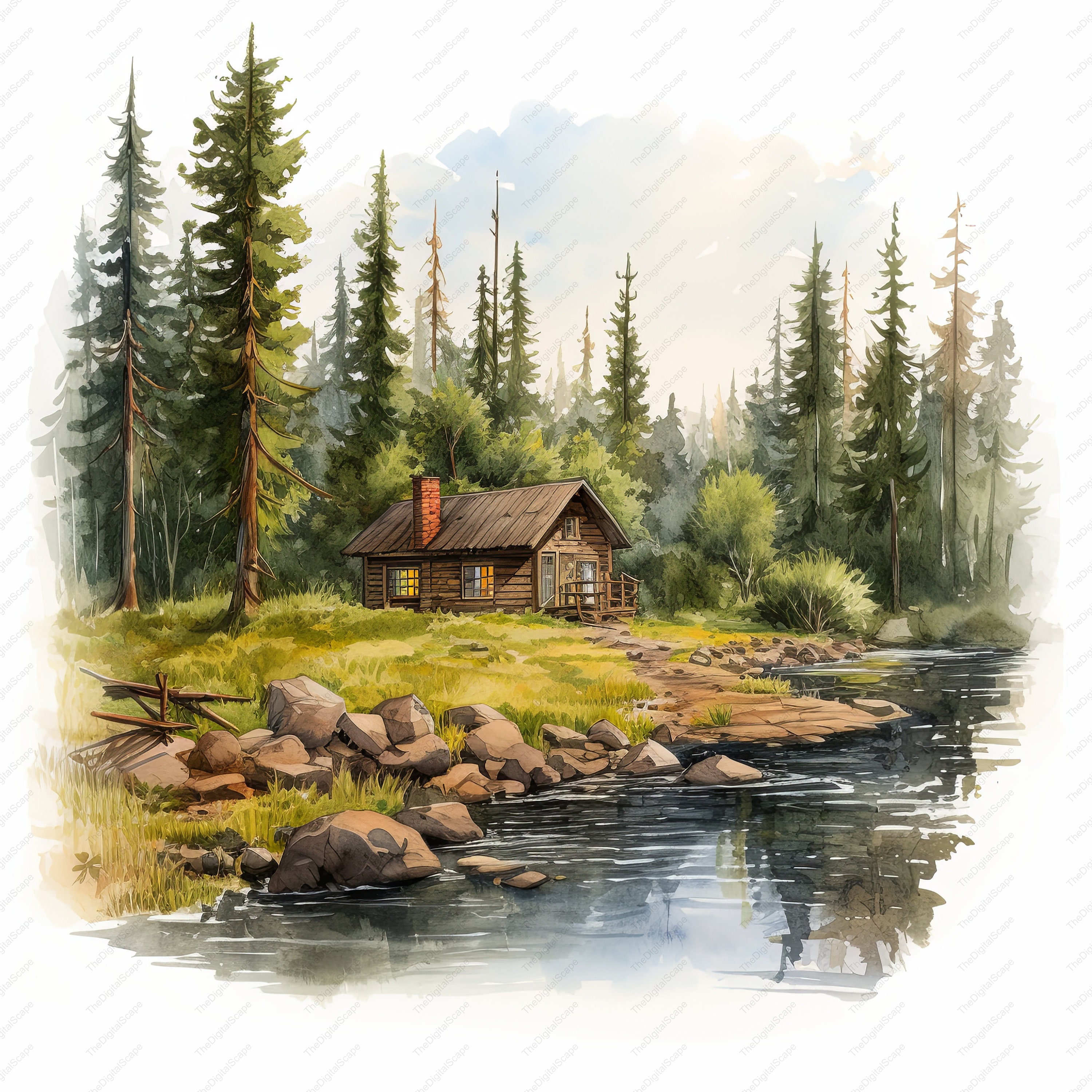 Cabin by a Stream Clipart - 12 High Quality Jpgs, Scrapbooks, Digital ...