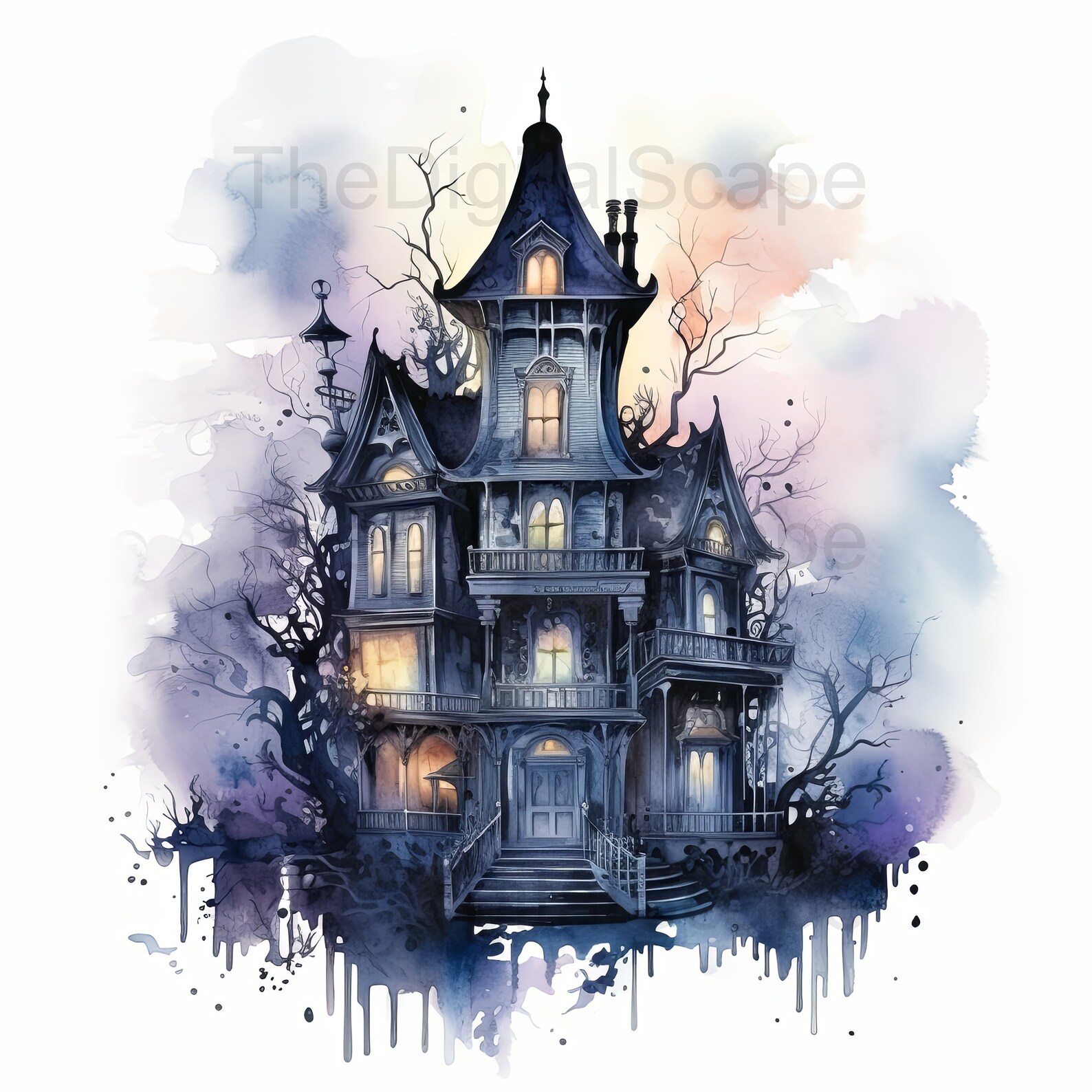 Haunted House Clipart: Watercolor Halloween Jpgs (digital Download) - Etsy
