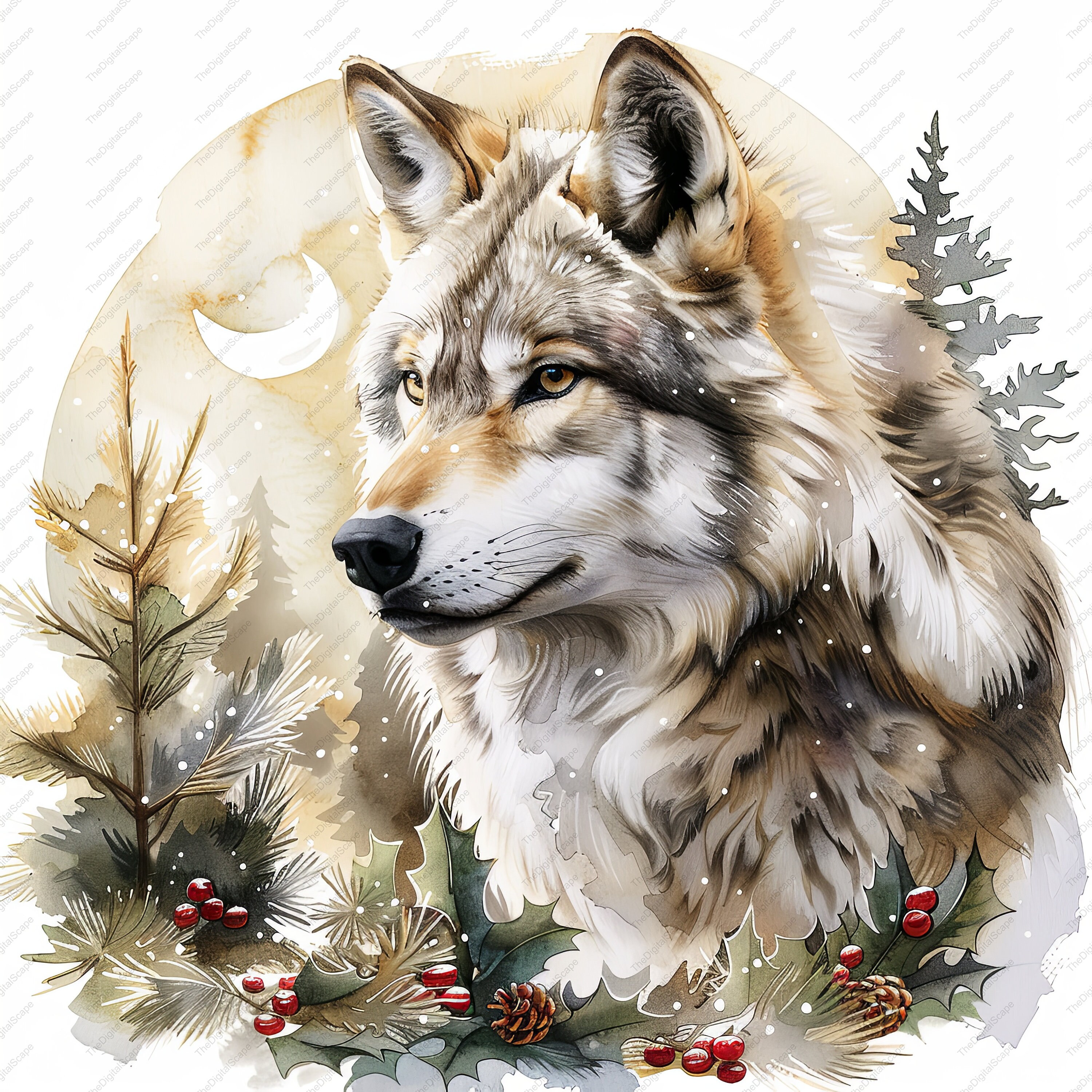 Christmas Wolf Watercolor Clipart: Golden Theme Animal Art (digital ...