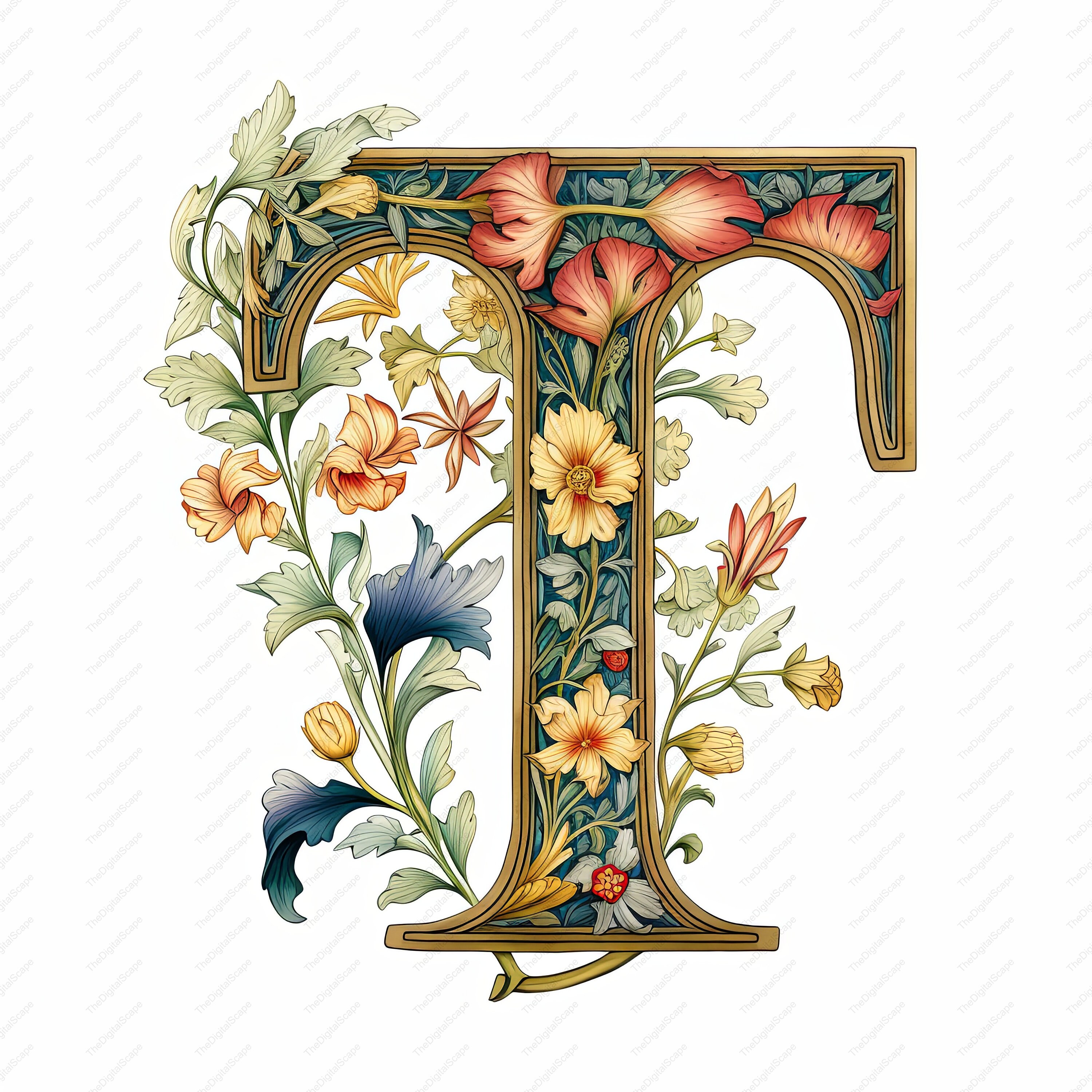 Floral Letter T Clipart, 10 High Quality Jpgs, Nursery Art, Instant ...