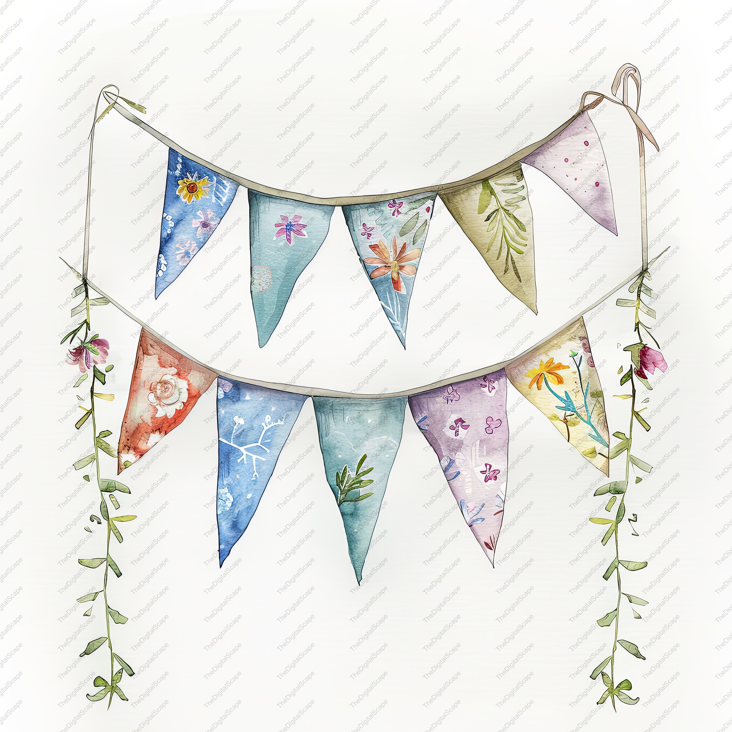 10 Floral Bunting Watercolour Clipart - High Quality Jpgs, Scrapbooks ...