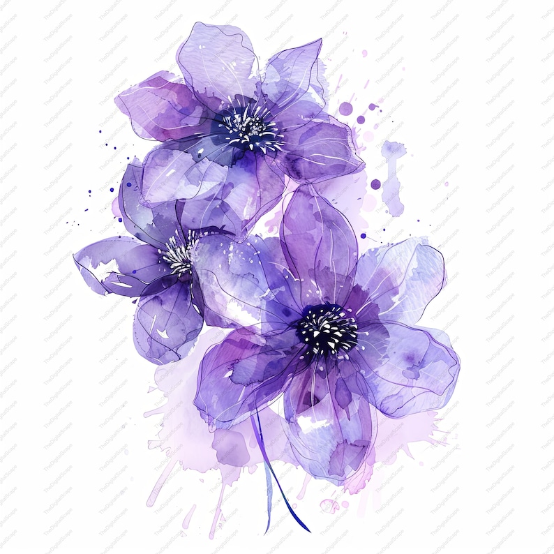 Purple Floral Clipart: Watercolor Flower Graphics (digital Download) - Etsy