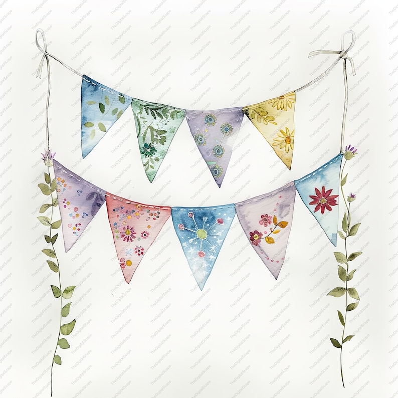 Floral Bunting Watercolor Clipart – High-quality Jpgs (instant Download ...