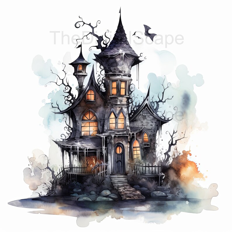 Haunted House Clipart: Watercolor Halloween Jpgs (digital Download) - Etsy