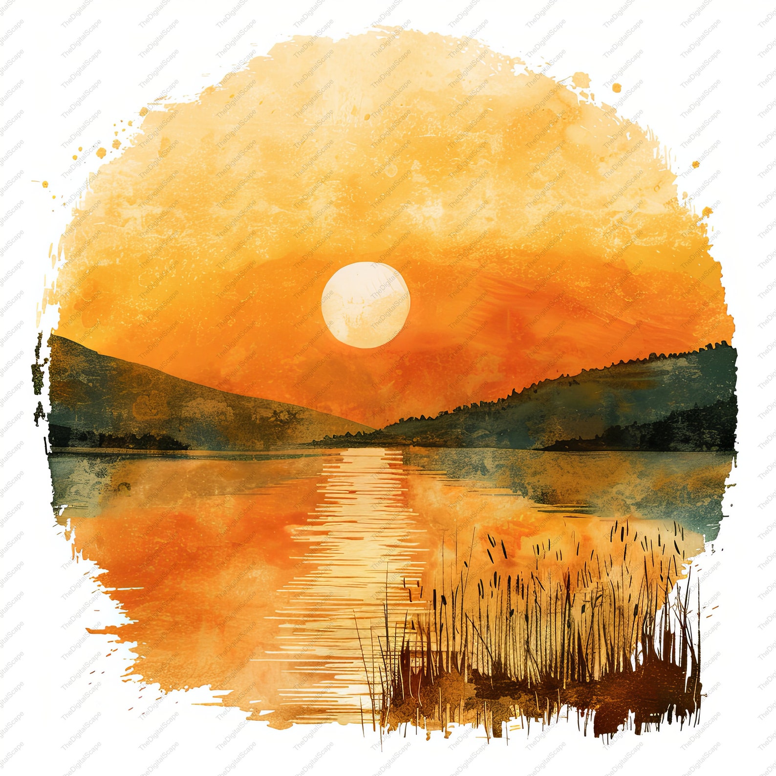 Watercolor Lake Sunset Clipart, Scenic Landscape Jpgs (digital Download ...