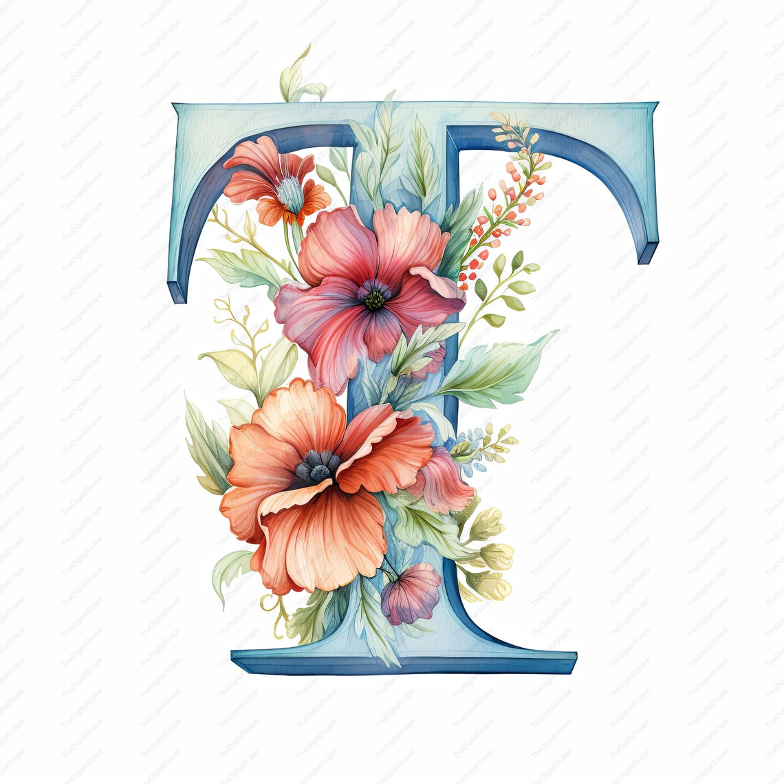 Floral Letter T Clipart, 10 High Quality Jpgs, Nursery Art, Instant ...