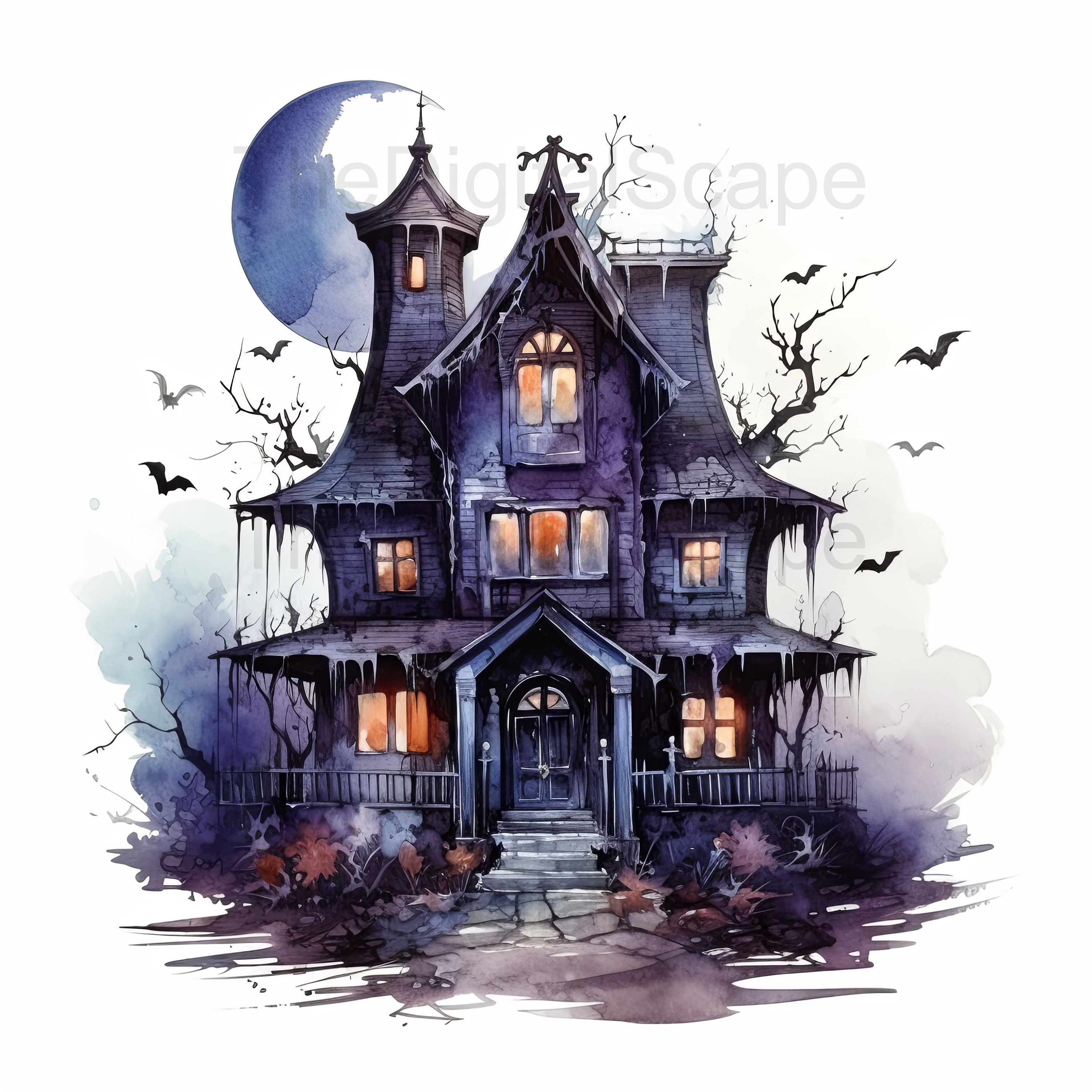 Haunted House Clipart: Watercolor Halloween Jpgs (digital Download) - Etsy