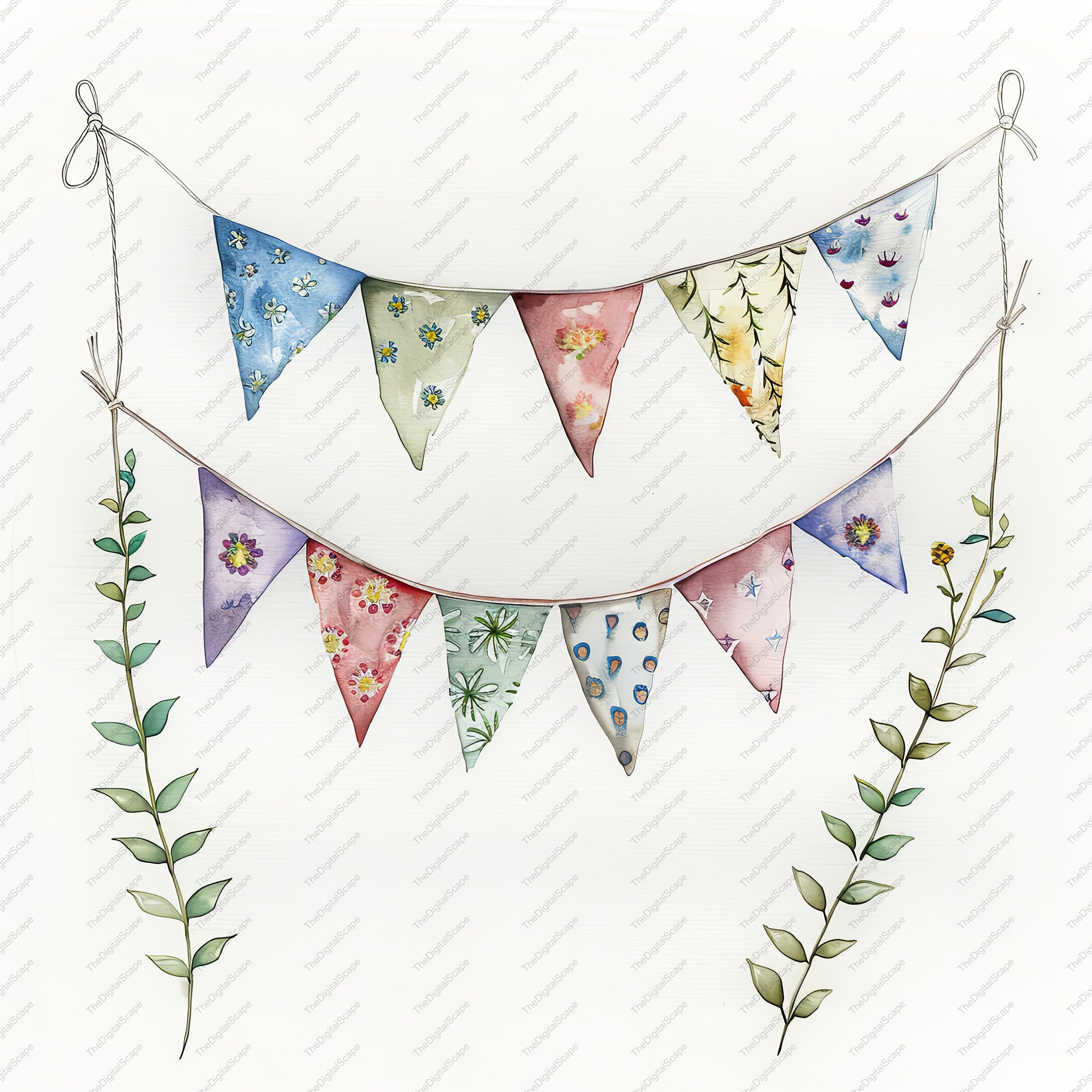 10 Floral Bunting Watercolour Clipart High Quality Jpgs, Scrapbooks ...