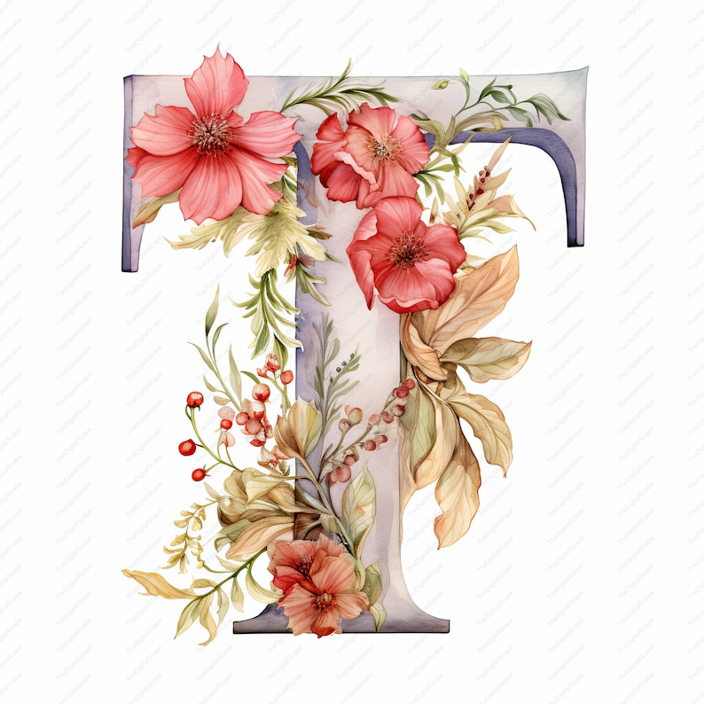 Floral Letter T Clipart, 10 High Quality Jpgs, Nursery Art, Instant ...
