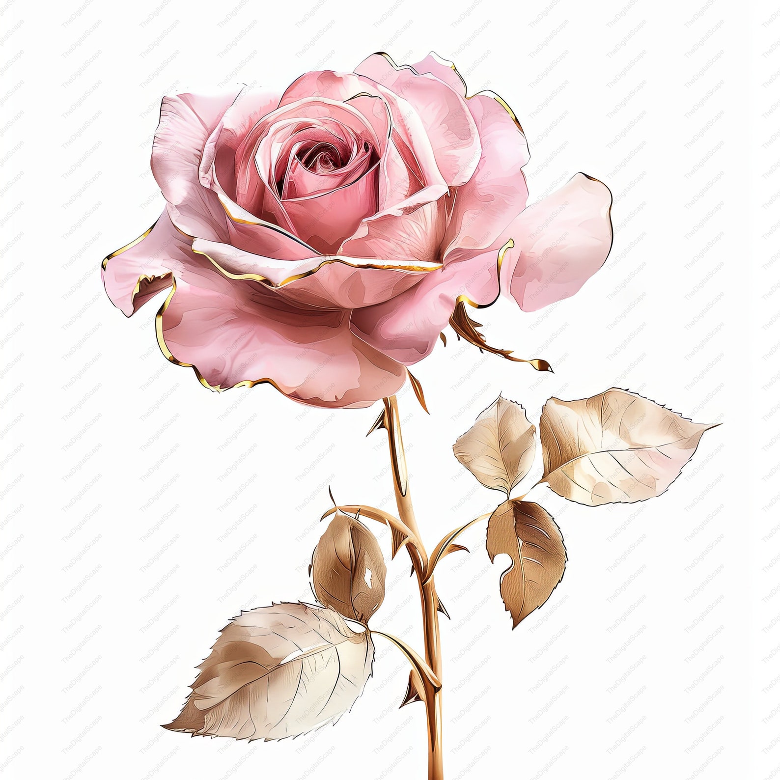 Pink and Gold Rose Clipart – High Quality Jpgs, Commercial Use (instant ...