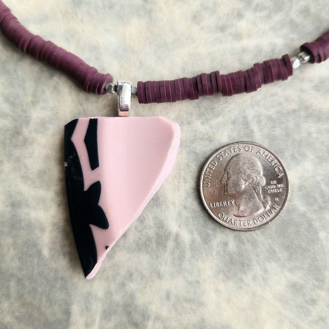TEPCO Porcelain Dish Sea Glass Shard Pendant Necklace. Pink and Purple ...