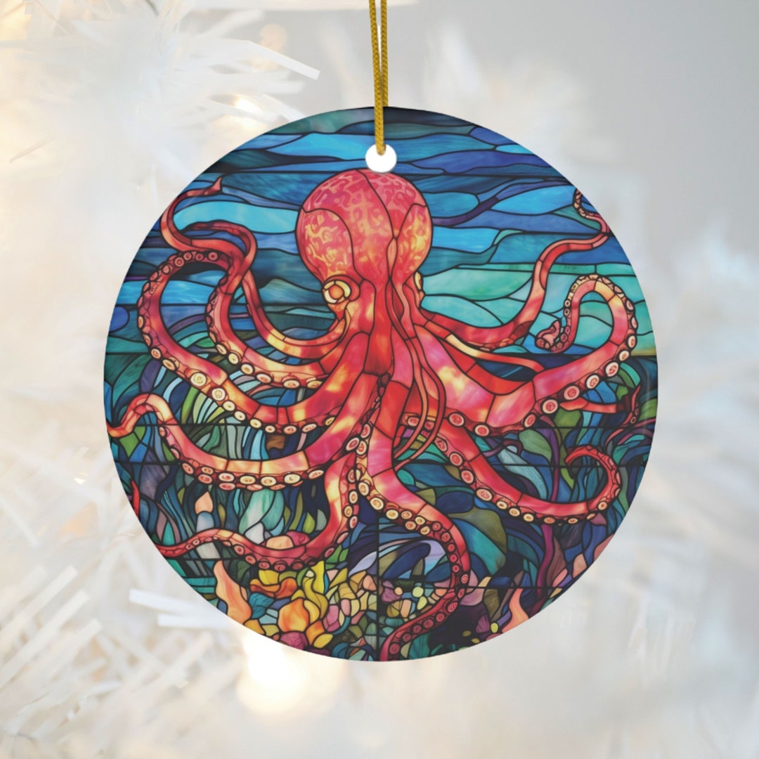 Octopus Stained Glass Look With Ink on Ceramic Ornament, Octopus ...